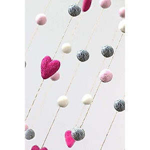 Felt Ball & Heart Nursery Ceiling Mobile- Hot Pink, Light Pink, Gray & White