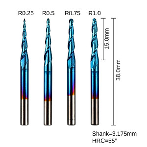 Genmitsu 4pcs 2-Flute Tapered Ball Nose End Mills Tungsten Carbide Cutter with Nano Blue Coat, R0.25-1.0, 1/8” Shank, TB04A