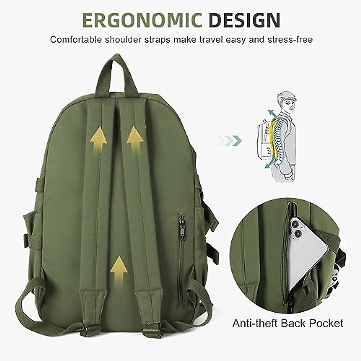 KEYEMP Casual Daypack Cute School Backpacks for Men Women Lightweight Durable Bookbag for High Middle School, Fashion Travel Bag, Gift,Olive Green