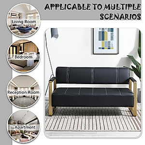 57.9" Faux Leather Loveseat Sofa, Mid Century Modern Sofas Small Couch with Gold Armrests & Legs, Upholstered 2-Seater Love Seat Couches for Living Room, Apartment, Office, Shop, Anteroom (Black)