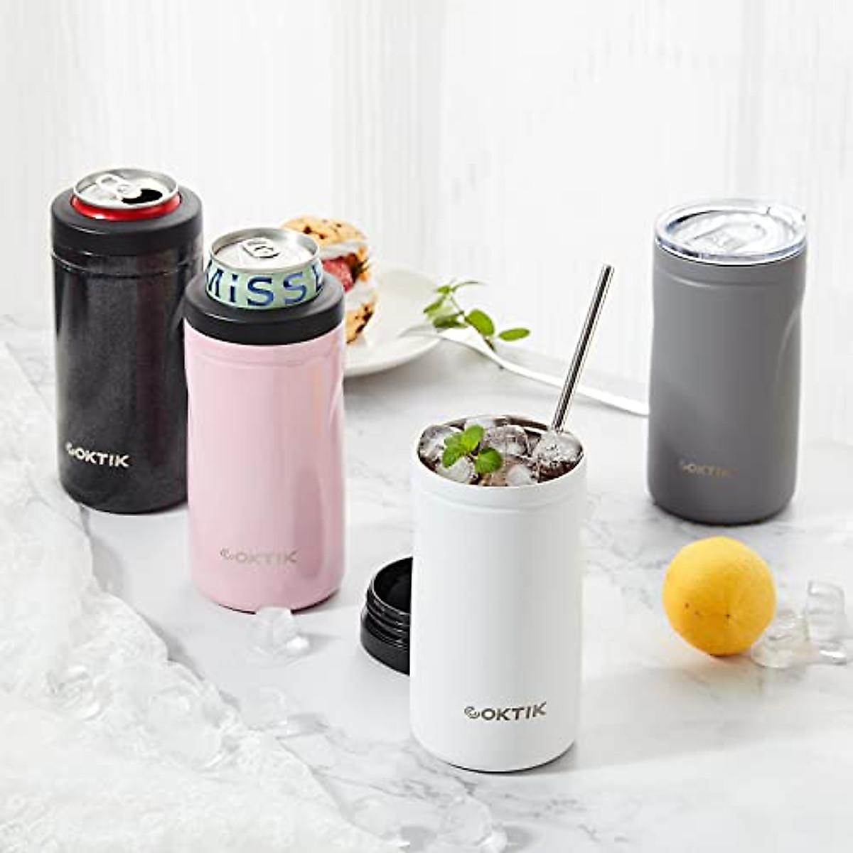COKTIK 5 in 1 Insulated Can Cooler, Doublae Wall Slim Can Cooler for 12 oz Regular or Slim Cans & Beer Bottle (BLACK)