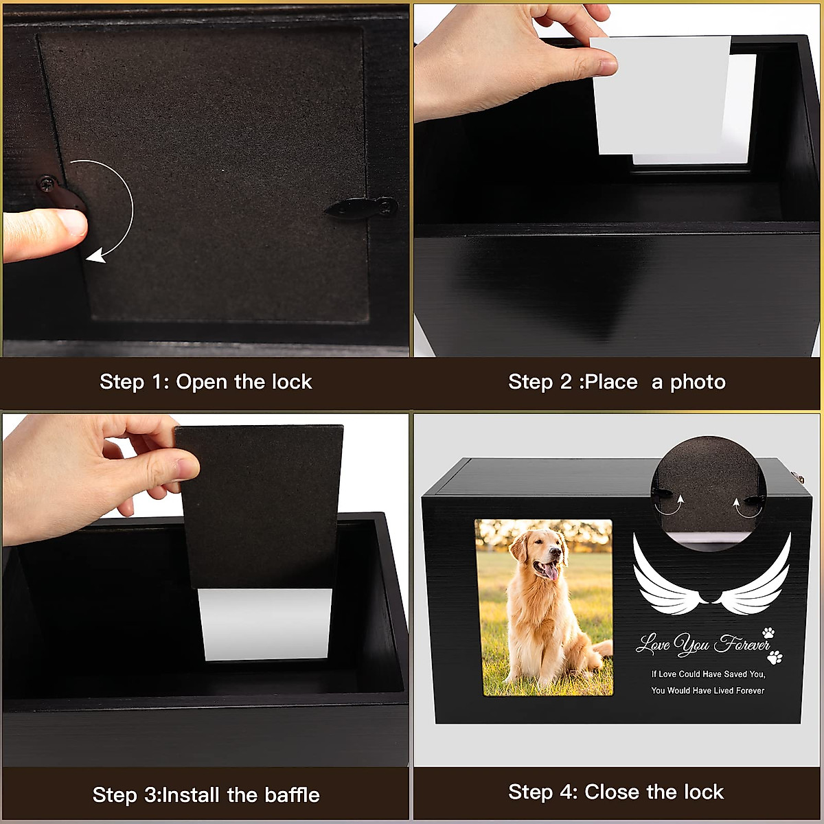 Woiworco Pet Urns for Dogs Ashes, Large Wooden Funeral Cremation Urns with Photo Frame, Memorial Keepsake Box with Black Flannel as Lining, Urn for Dog or Cat Ashes, Loss Pet Memorial Remembrance Gift