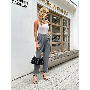 GRACE KARIN Women Casual Work Pants with Pockets Elastic Waist Pants Blue Grey M