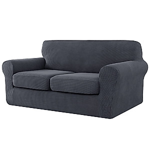 CHUN YI 3 Pieces Stretch Loveseat Sofa Cover for 2 Seater Couch, Washable Soft Sofa Slipcover with 2 Separate Seat Cushion Covers for Dogs, Checks Spandex Jacquard Fabric, Medium, Grey/Gray