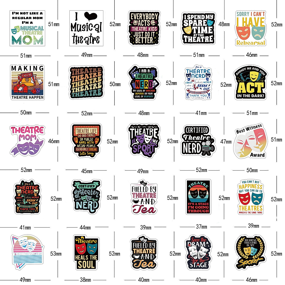 63Pcs Theater Stickers Graffiti Aesthetics Waterproof Vinyl for Kids Girls Boys Teens Adults for Water Bottles Laptop Suitcase for Birthday Party Supplies Halloween Decoration Favors