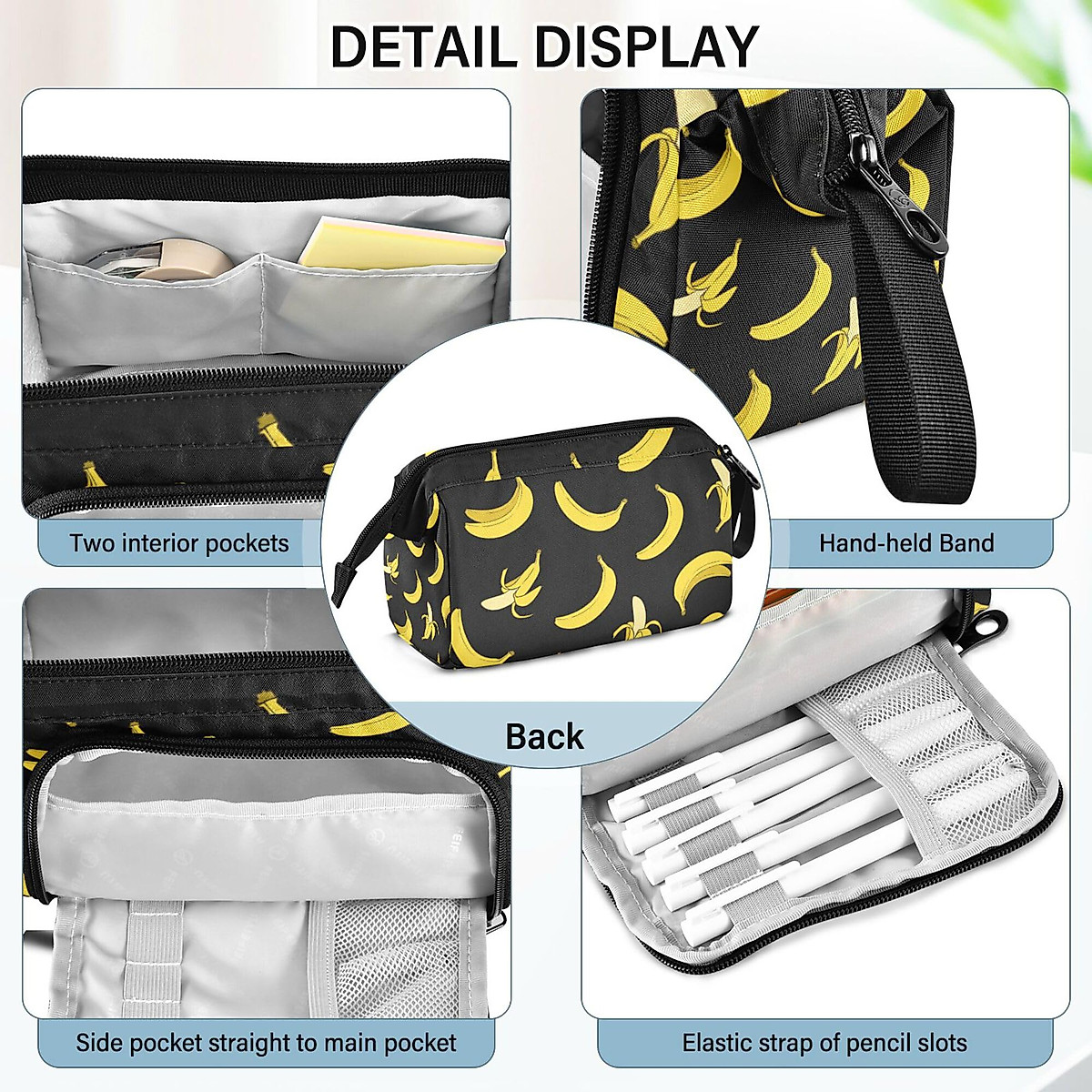 Glaphy Yellow Banana Pencil Case, Large Capacity Pencil Pouch Bag Pen Carrying Cases Zipper Storage Stationery Bag