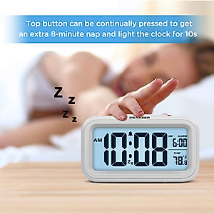 Peakeep Night Light Digital Alarm Clock Battery Operated with Indoor Temperature, Desk Small Clock (White)