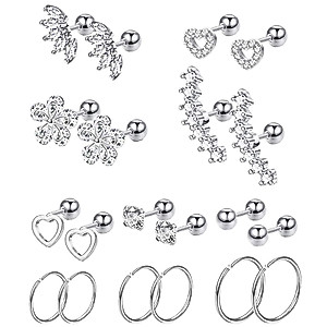 Masedy 10Pairs Stainlesss Steel Cartilage Stud Earrings for Women Helix Tragus Couch Hoop Piercing Earrings Set 10S