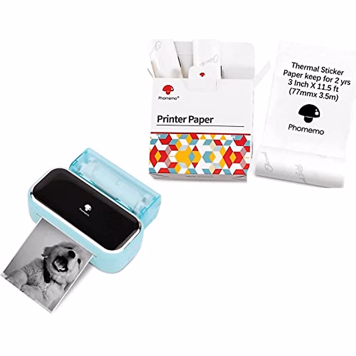 Phomemo M03 Pocket Printer- Portable Printer Photo Printer with 3 Roll 3 Inch Black on White, 77mm x 3.5m, 3 Inch X 11.5 ft, Compatible with iOS + Android for Photos, Journalist, Work, Plan-(Green)