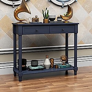 Karl home Console Table with 2 Drawers, Narrow Sofa Side Table Entryway Desk with Bottom Storage Shelf, TV Stand for Living Room Hallway Office, Navy Blue/Black 29.7" H