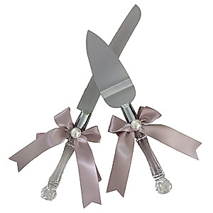 OnePlace Gifts Crystal Wedding Cake Knife & Server Set with Bow and Stainless Steel, Silver