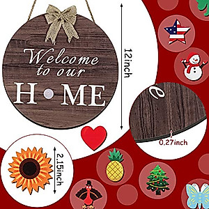 Interchangeable Seasonal Welcome Sign Halloween Front Door Decor Rustic Wood Welcome to Our Home Sign Wall Hanging Porch Decoration for Halloween Christmas Fall Winter Thanksgiving Holiday (Brown)