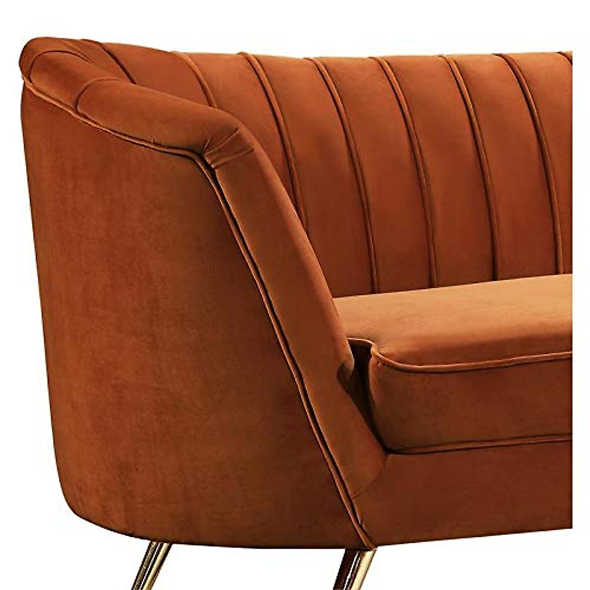 Meridian Furniture Margo Collection Modern | Contemporary Velvet Upholstered Loveseat with Deep Channel Tufting and Rich Gold Stainless Steel Legs, Cognac, 65" W x 30" D x 33" H
