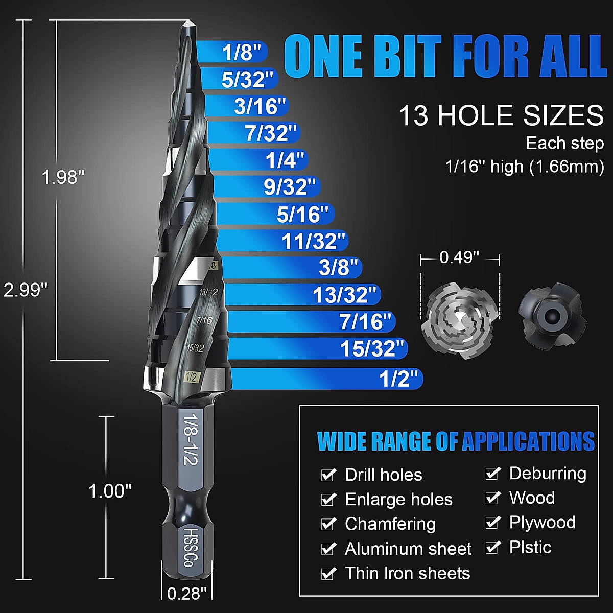 M35 Four Spiral Flute Step Drill Bit Set 1/8"-1/2" （13 Sizes ）,1/4" Hex Shank Drill, Impact Resistant M35HSS Unit Stepper bit, for Stainless Steel, Wood, Aluminum, Plastic