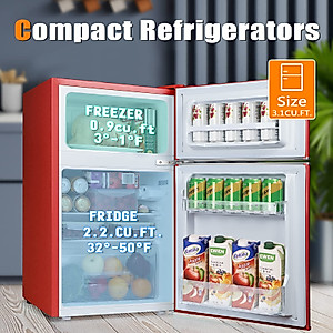 Antarctic Star Mini Refrigerator 3.1Cu.Ft Compact Refrigerator 2-Double Doors with a Freezer Low Noise Defrost Storage of Beverages Vegetables and Fruits for Home Office Dormitory Red