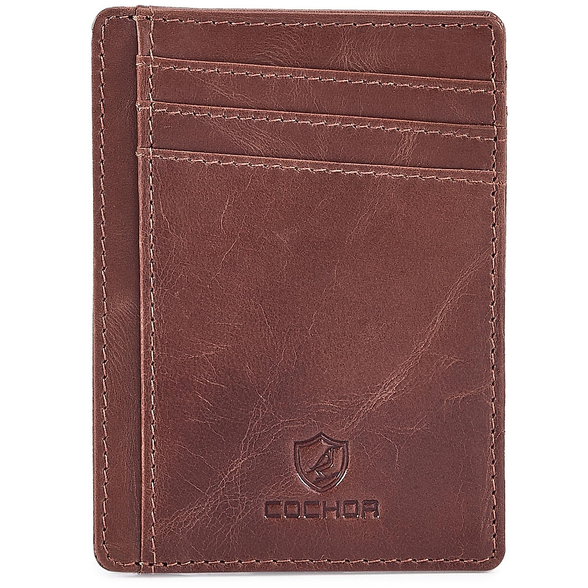 Front Pocket Wallet for Men Women Slim Minimalist Real Leather RFID Blocking Credit Card Holder (COGNAC WAX PULL UP)