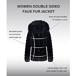 Bellivera Women Double Sided Faux Fur Jacket with Fur Collar, The Puffer Coat Worn on Both Sides 19225 Black XXL