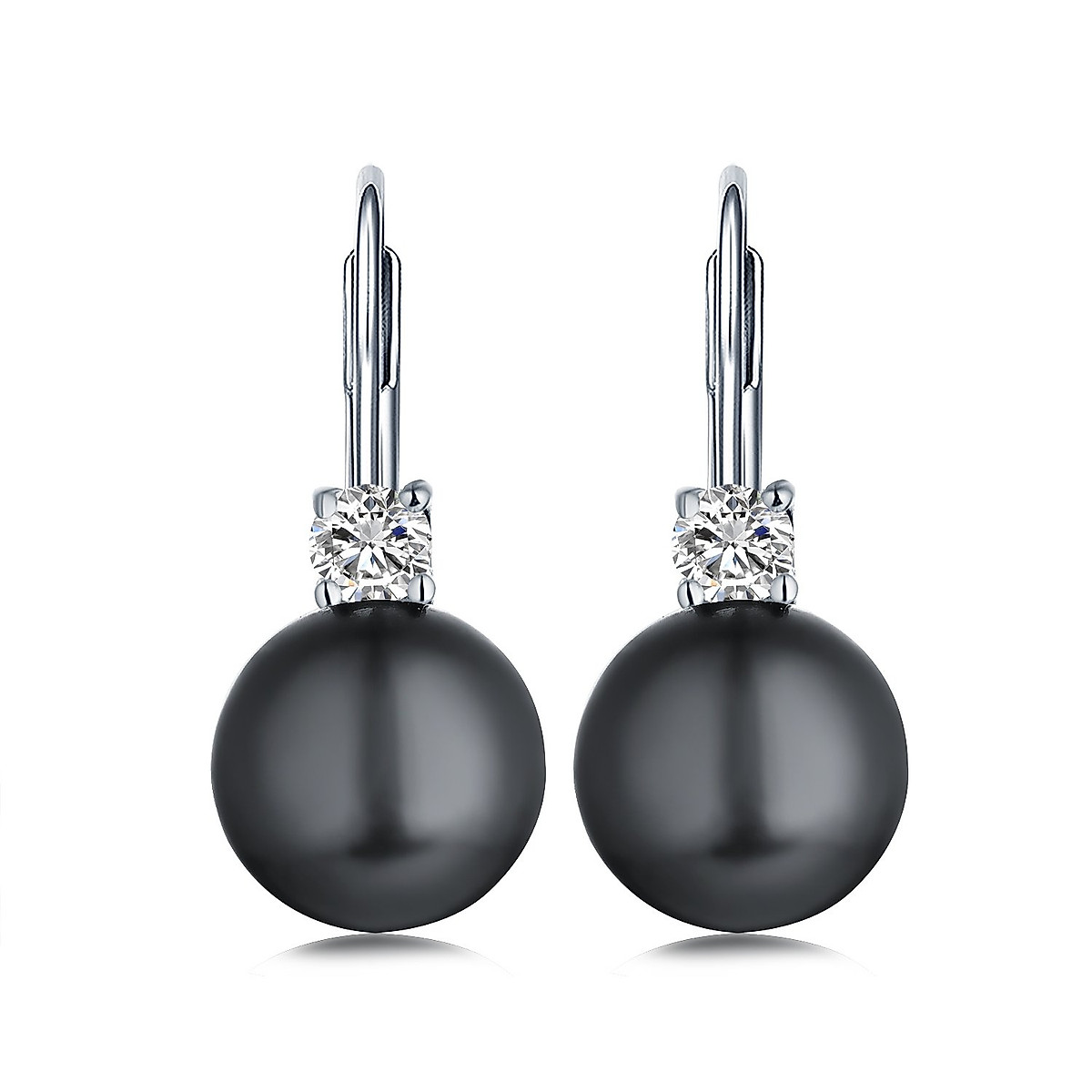 925 Sterling Silver Cubic Zirconia Black Freshwater Cultured Pearl Drop & Dangle Leverback Earrings (10mm black pearl)