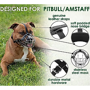 BRONZEDOG Pitbull Dog Muzzle Metal Mask Amstaff Wire Basket Pit Bull Adjustable Leather Straps for Large Dogs (Steel)