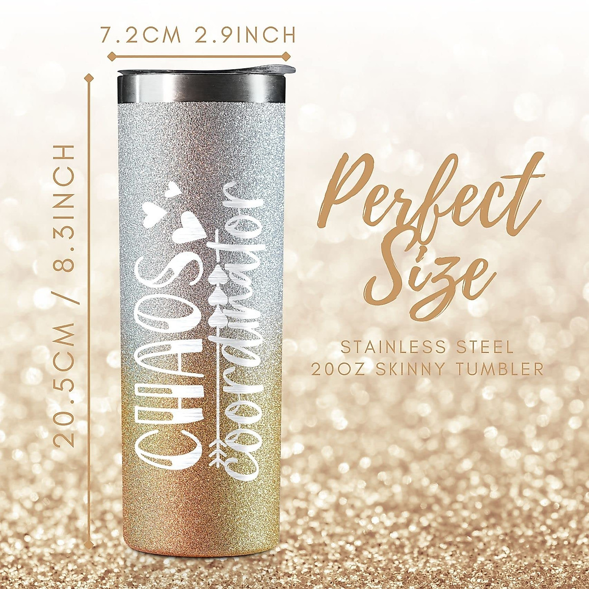 Onebttl Boss Lady Gifts for Women, Chaos Coordinator Tumbler for Boss, Secretary, Manager, Coworkers, Stainless Steel Skinny Tumbler 20oz with Lid and Straw, Glitter Silver & Gold