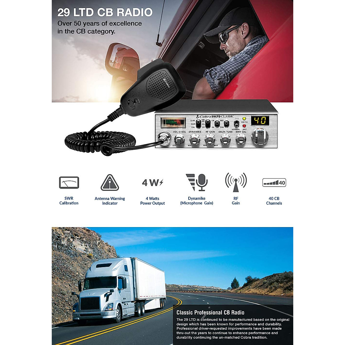 Cobra 29 LTD Professional CB Radio - Easy to Operate Emergency Radio, Instant Channel 9, 4-Watt Output, Full 40 Channels, Adjustable Receiver and SWR Calibration, Black