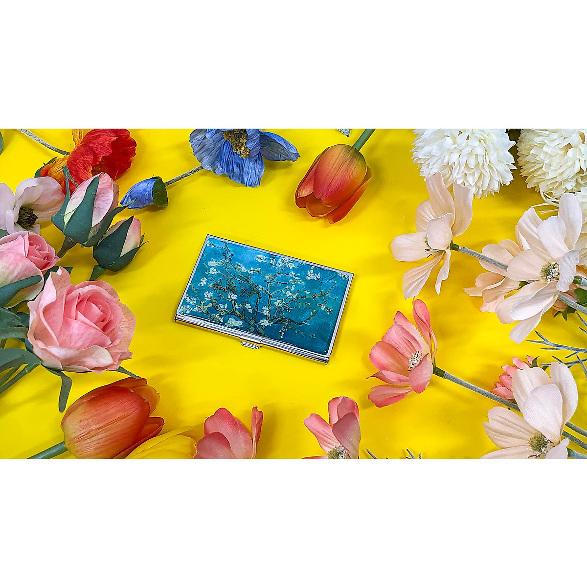 Mother of Pearl Business Card Case Credit Id Name Holder Travel Wallet Art Painting Design Metal Stainless Steel Engraved Slim Purse Pocket Cash Money Wallet (Almond Blossom)