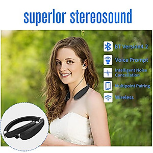 Bluetooth Foldable Retractable Headphones, 2021 Upgraded Wireless Earbuds Neckband Headset Sports Sweatproof Earphones with Carrying Case (15Hours Playtime)
