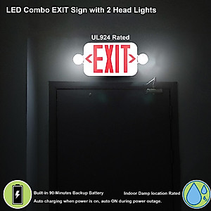 LIT-PaTH LED Combo EXIT Sign with 2 Adjustable Head Lights and Back Up Batteries- US Standard Red Letter Emergency Exit Lighting, UL 924 and CEC Qualified, 120-277 Voltage, 4-Pack