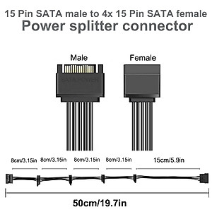 OHKIKOME SATA Power Splitter Cable 19.7 in (500 mm) - 15 Pin SATA 1 Male to 5 Female Power Splitter Adapter Cable Powers up to 5 HDD, SSD, Optical Drives (1, Black)