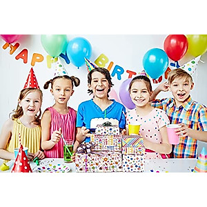 PlandRichW Birthday Wrapping Paper 12 Sheets Folded Flat for Kids, Boys, Girls, Adults. Gift Wrapping Paper Includes Happy Birthday, Star, Rainbow, Cake 4 Colorful Designs for Baby Shower, Holiday, Party 20 X 29 Inch