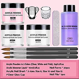 Acrylic Nail Kit Acrylic Powder and Liquid Set, Monomer Liquid Set with Nail Brush, Pink White Clear Nail Powder Kit for Acrylic Nails Extension Beginner Set