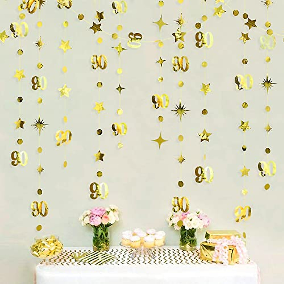 Gold 90th Birthday Decorations Number 90 Circle Dot Twinkle Star Garland Metallic Hanging Streamer Bunting Banner Backdrop for Women Mens 90 Year Old Birthday Nighty Anniversary Party Supplies
