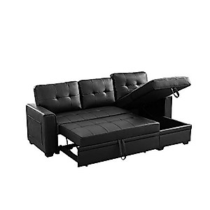 INFINI FURNISHINGS 84" Wide Sectional Sofa with Pull Out Sleeper Bed, Reversible Storage Chaise Lounge, Modern Tufted Line Design Sofabed, Faux Leather, Black