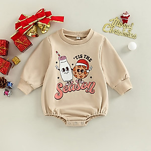 Twopumpkin Baby Christmas Outfit Boy Girl Vintage Onesie Newborn Infant Crewneck Sweatshirt Romper Cute Xmas Clothes 6-12 Months A Tis the Season Cookie Milk