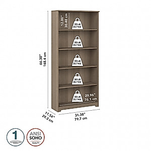 Bush Furniture BSH24463023 Cabot 5 Shelf 66-Inch H Bookcase, Ash Gray