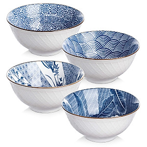 Y YHY 24 OZ Ceramic Bowls Set of 4 - Japanese Bowls for Ramen, Soup, Cereal, Fruit, Salad, Pasta - Porcelain Bowls for Kitchen Decor & Housewarming Gift - Dishwasher & Microwave Safe