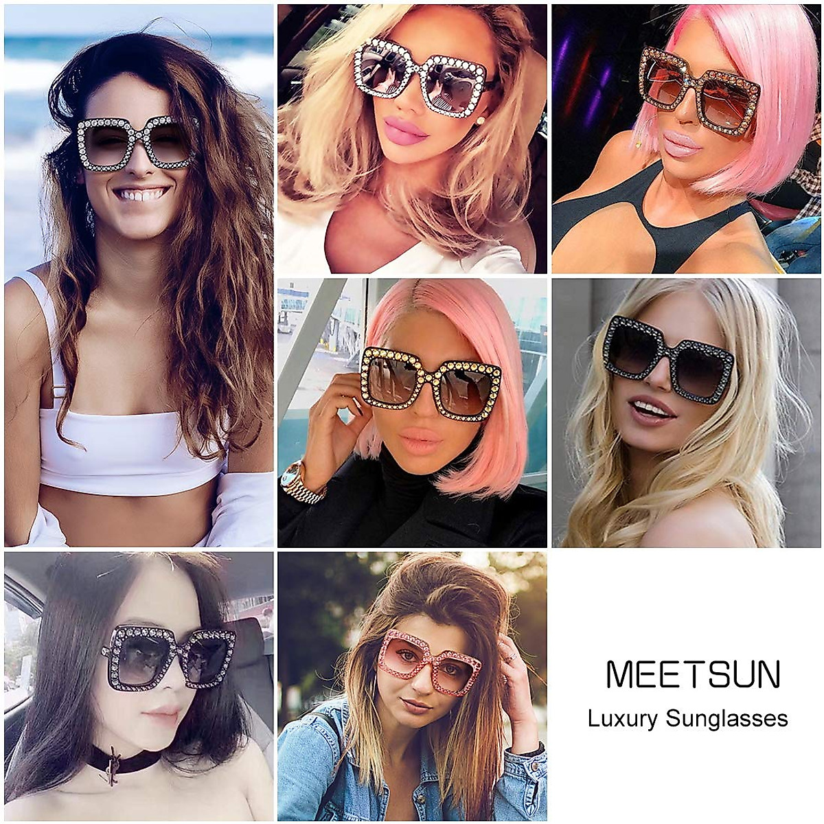 MEETSUN Elton Square Rhinestone Sunglasses Oversized Diamond Bling Bling Glasses -(Pink)