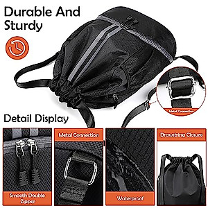 ZIXKUB Drawstring Backpack Gymbag Water Resistant Sports Sackpack with Zipper/Shoe Compartment/Wet Pocket/Mesh Pockets Gym Sack for Women Men Lightweight String Bag for Travel Soccer Swim, Black