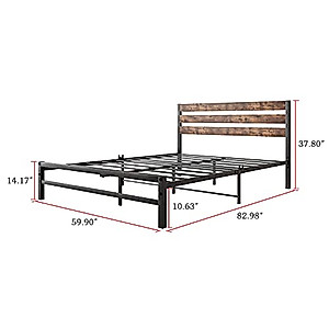 HAHRIR Platform Queen Bed Frame with Rustic Vintage Wood Headboard and Footboard, Mattress Foundation, Strong Metal Slats Support, Noise-Free，No Box Spring Needed，Brown+Black