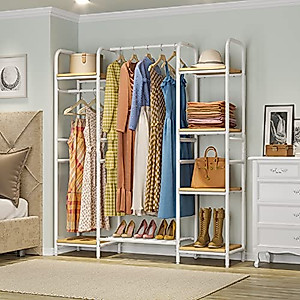 Timate P9 Clothes Rack with Shelves Portable Freestanding Clothing Rack for Hanging Clothes, Heavy Duty Garment Rack with 6 Wood Shelves & 2 Hanging Rod Sturdy Metal Storage Wardrobe for Bedroom White