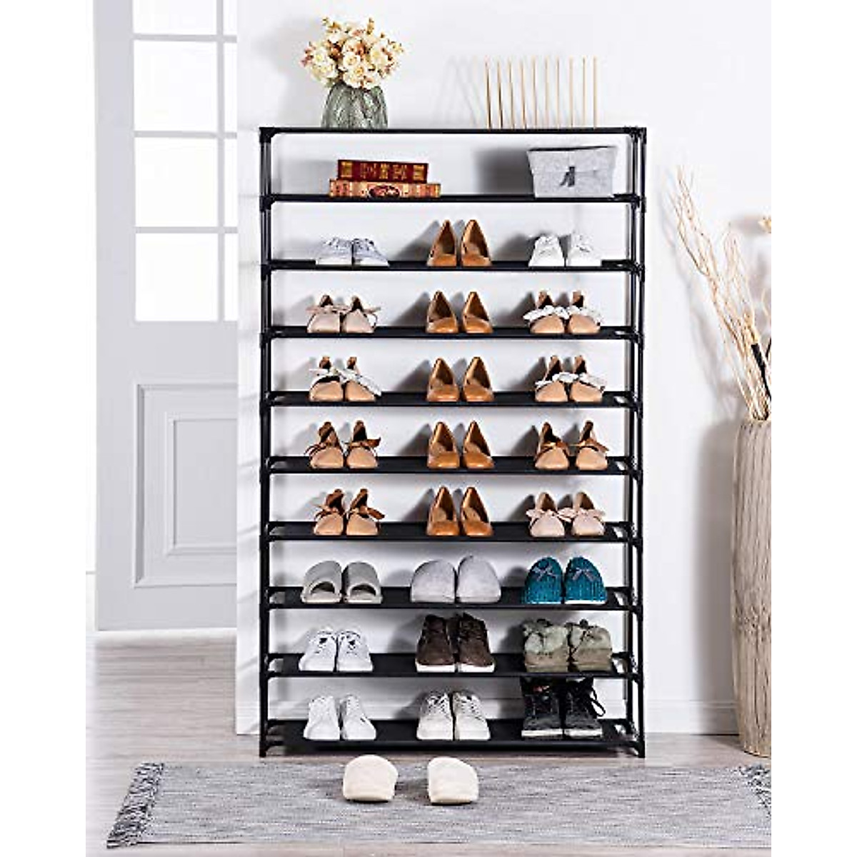 Youdesure 10 Tiers Shoe Rack, Large Shoe Rack Organizer for 50 Pairs, Space Saving Shoe Shelf, Non-Woven Fabric Shoe Storage Cabinet (Black)
