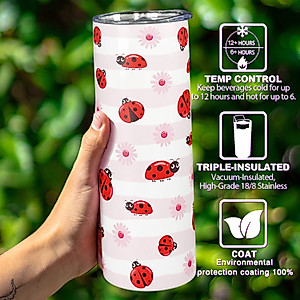 Mofvugz Ladybug Gifts for Women Girls, Cute Ladybugs Daisy Floral Tumbler Cup Coffee Travel Mug, Lady Bug Pink Metal Thermal Insulated Tumblers 20 Oz, Ladybug Decor Accessories Stuff, Kawaii Gifts