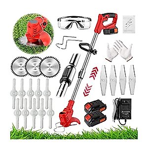 Battery Powered Weed Eater Edger Lawn Tool Cordless Trimmers Lawn Edger String Trimmer with Batteries & Replace Blades for Yard Garden,red
