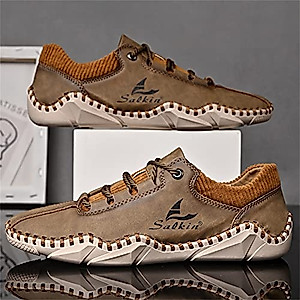 Dacomfy Mens Casual Shoes Fashion Sneakers Leather Oxfords Work Shoe Lightweight Walking Shoes Slip on Sneaker for Men Khaki Size 11