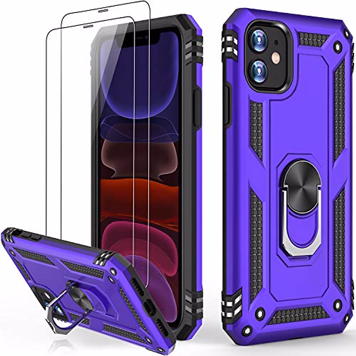 LUMARKE iPhone 11 Case with Tempered Glass Screen Protector,iPhone 11 Cover Military Grade 16ft. Drop Tested Cover with Magnetic Ring Kickstand Protective Phone Case for iPhone 11 6.1 inch Purple