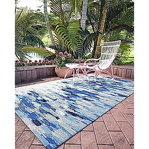 Contemporary Blue Large Rectangular Area Rugs 5' x 7' Living Room, Abstract Rustic Painting Art Durable Non Slip Rug Carpet Floor Mat for Bedroom Bedside Outdoor