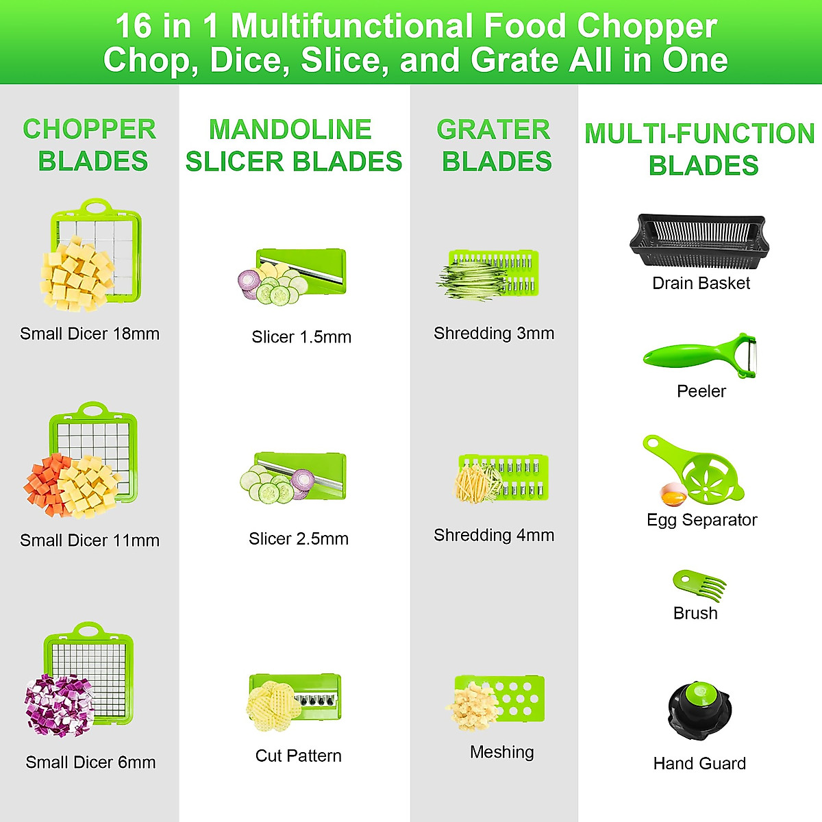 16 in 1 Mandoline Vegetable Food Chopper, Slicers and Vegetable Cutters, Multi Function Kitchen Veg Cutter for Onion Garlic Potato Salad, Veggie Chopper with Container and Draining Basket