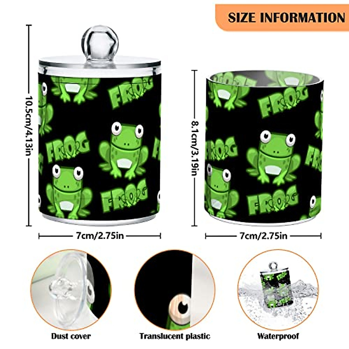 Fustylead 2 Pack Cartoon Frog Qtip Holder Dispensers, Plastic Apothecary Jar Bathroom Accessories Set for Cotton Ball, Swab, Round Pads, Floss