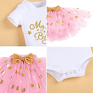 Mini Polka Dots It's My 1/2 /1st /2nd/3rd Birthday 4 Piece Outfits for Cake Smash Romper Bodysuit Tutu Skirt Set Headband Socks Formal Baptism Christening Dance Evening Ball Gown Pink-1st 1T