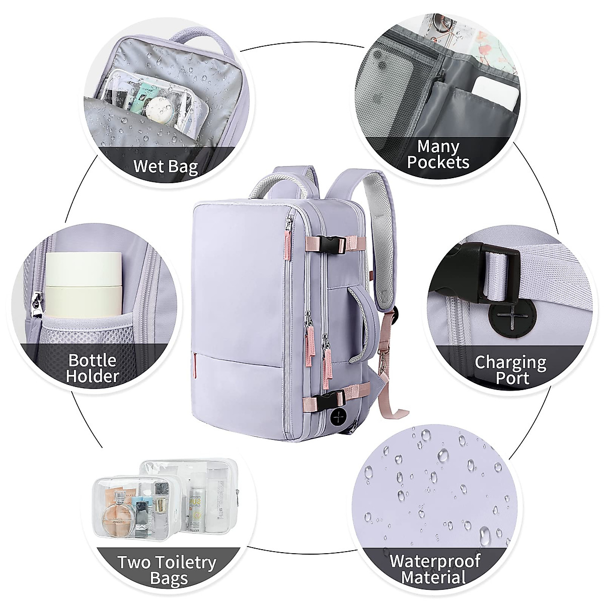 Hanples Extra Large Travel Backpack for Women as Person Item Flight Approved, Waterproof 40L Carry On Backpack, 17 Inch Laptop Backpack For Hiking Casual Bag (Gray Purple)